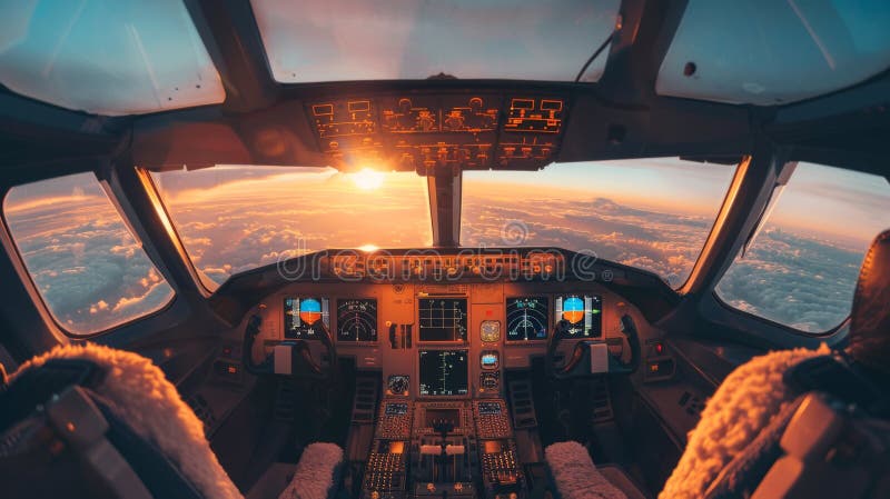 Empty Airplane Cockpit with Illuminated Control Panels and Scenic View ...