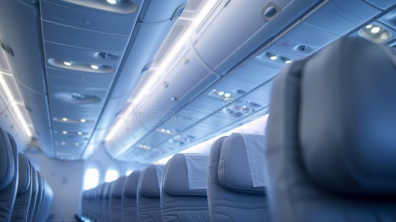 Empty Airplane Interior with Rows of Seats during a Flight. Stock Photo ...