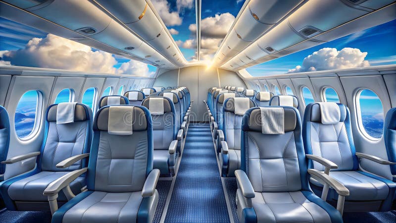 Empty Airplane Interior with Seats and Window View on Sunset Sky Stock ...