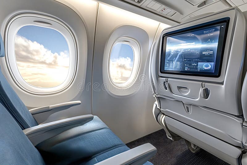 Empty Airplane Seats Showing Entertainment Screen and Windows during ...