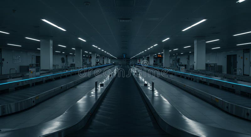 Empty Airport Baggage Handling System: Rows of Conveyor Belts and ...