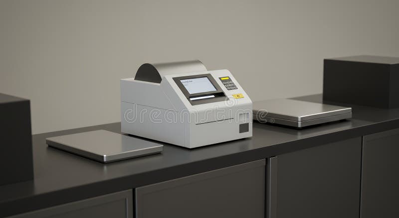 Empty Airport Check-in Counter with Boarding Pass Printer and Scale ...