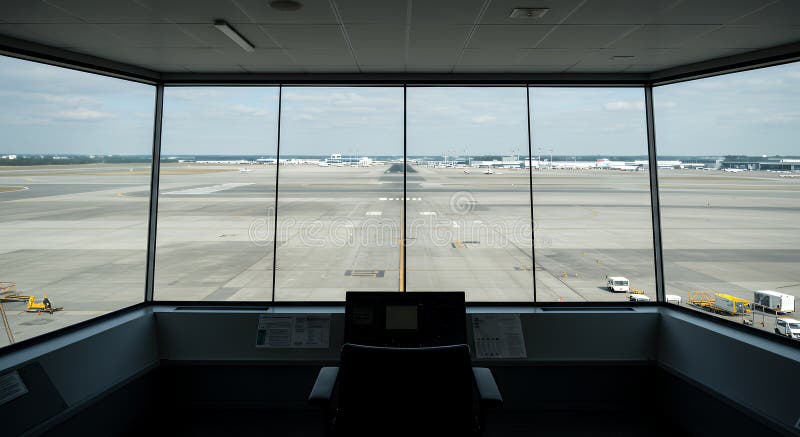 Empty Airport Control Tower Cab: Panoramic View of Runway and Tarmac ...
