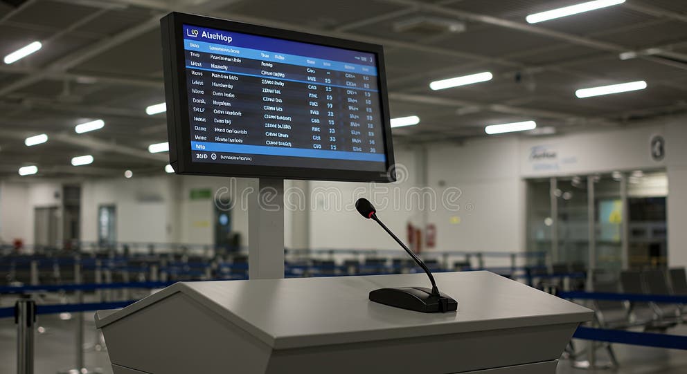 Empty Airport Gate Podium with Flight Information Display and ...