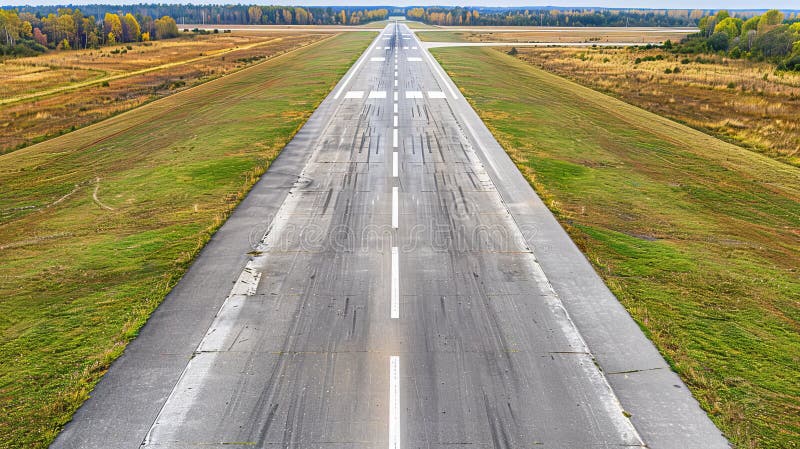 Empty Airport Runway with Markings and Tyre Tracks, Surrounded by Green ...
