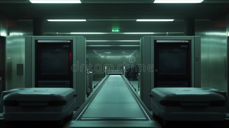 Empty Airport Security Checkpoint Featuring X Ray Machines and Luggage ...