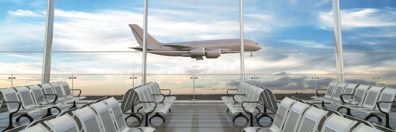 Empty Airport Terminal Lounge with Airplane on Background Stock ...
