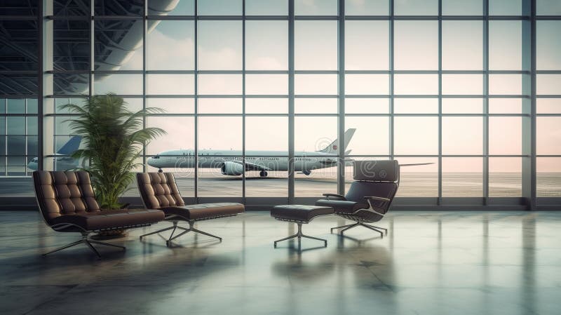 Empty Airport Terminal Lounge with Airplane on Background. Generative ...