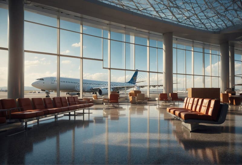 Empty Airport Terminal Lounge with Airplane Flying Past Lounge Window ...