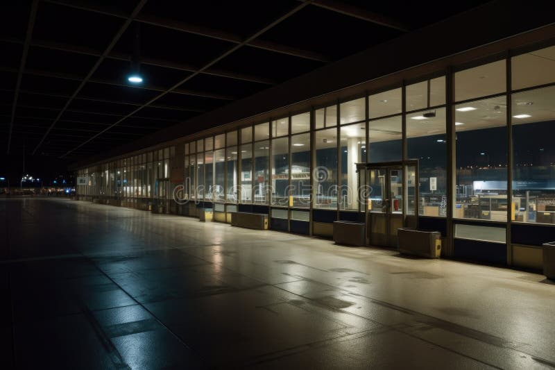 Empty Airport Terminal at Night, with Illuminated Windows and Lights ...