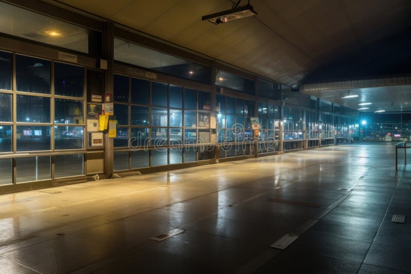Empty Airport Terminal at Night, with Illuminated Windows and Lights ...