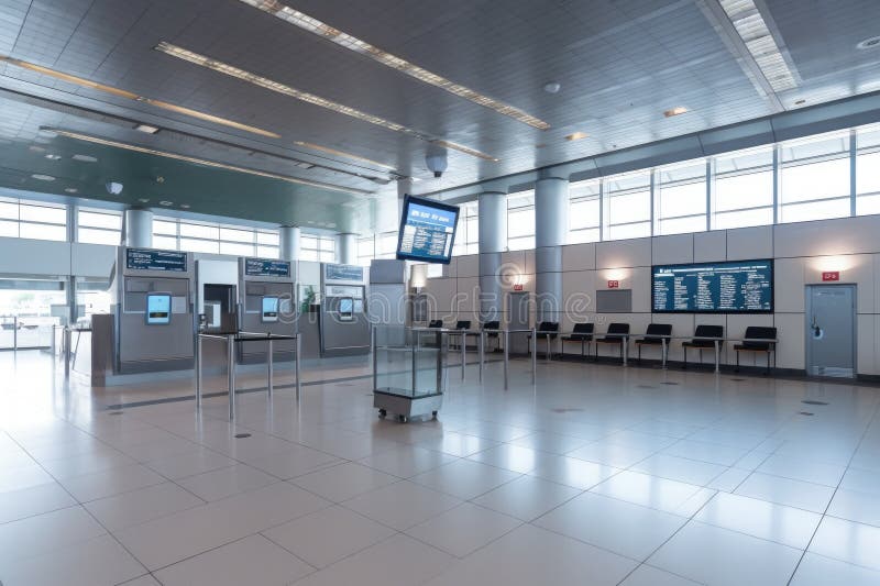 Empty Airport Terminal with Projector Screen, Showing Advertisements ...