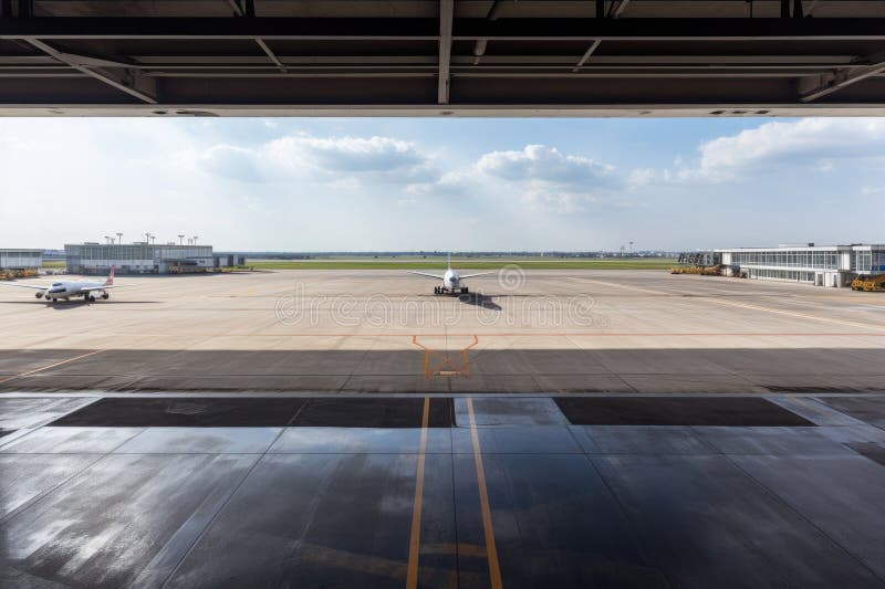 Empty Airport Terminal, with View of Runway and Planes Landing and ...
