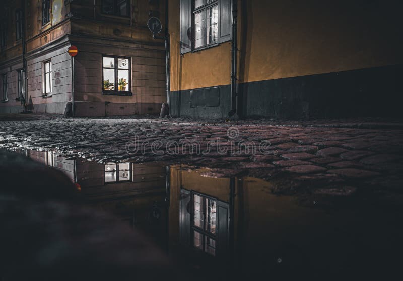 Empty Alley Amidst Buildings in City at Night Stock Image - Image of ...