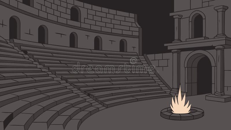 Empty Ancient Amphitheater at Night with a Central Fire, Vector Design ...