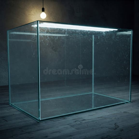 An Empty Aquarium Under a Lamp in a Dark Room. Stock Image - Image of ...
