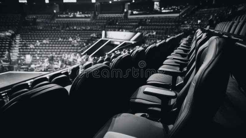 Empty Arena Seating in Black and White with Stage in Background Stock ...