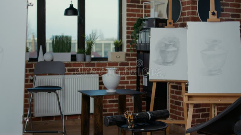 Empty Art Drawing Class with Wooden Easel and White Canvas Stock Video ...