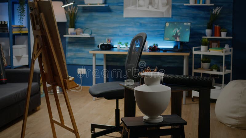 Empty Artwork Studio Space with Easel and White Canvas Stock Photo ...
