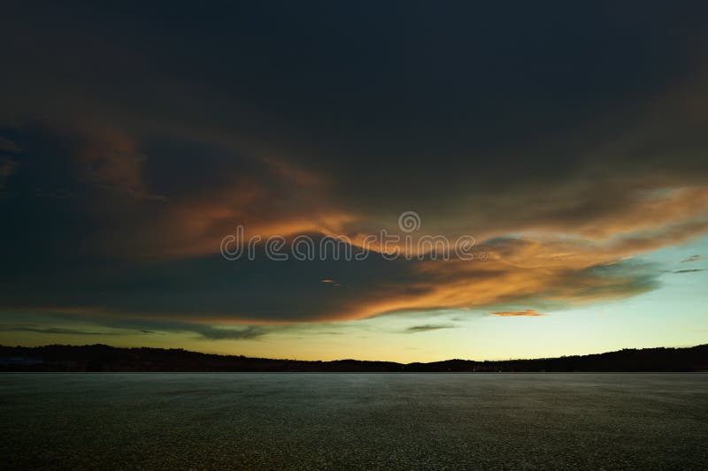 Empty Asphalt Floor with Sunset Sky Stock Image - Image of horizon ...