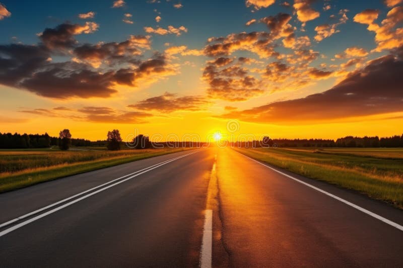Empty Asphalt Road and Beautiful Sky at Sunset Stock Photo - Image of ...