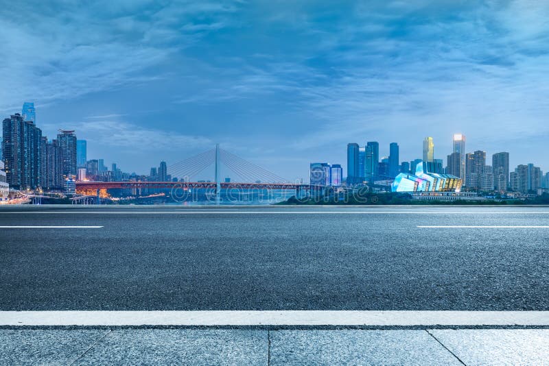 Empty Asphalt Road and City Buildings Skyline Stock Illustration ...