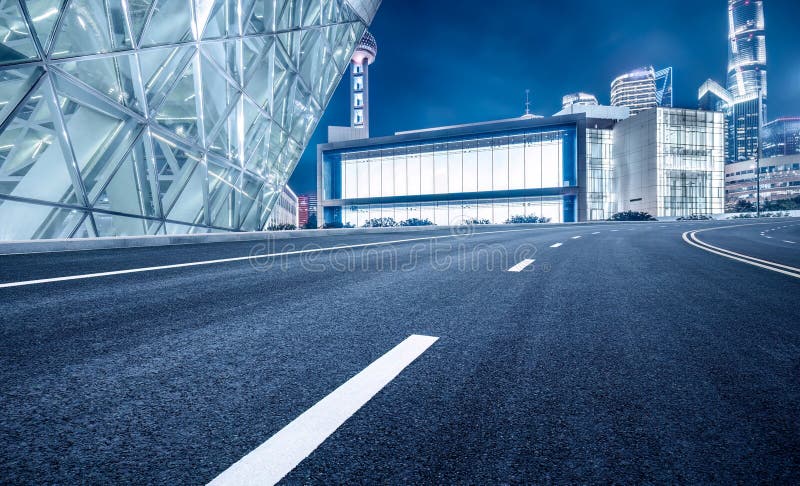 Empty Asphalt Road and Cityscape at Night Stock Illustration ...