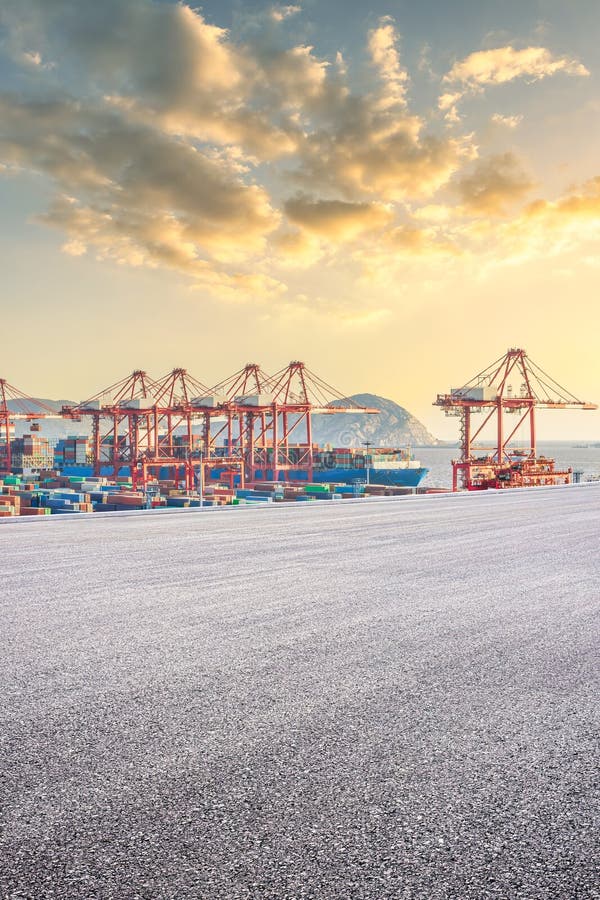 Empty Asphalt Road and Container Port Background Stock Photo - Image of ...