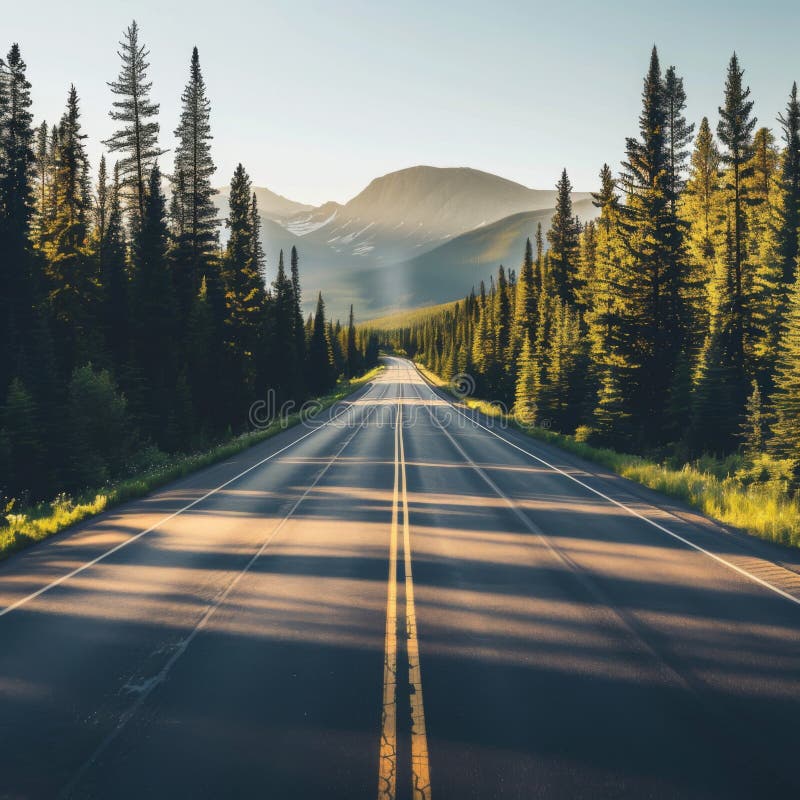 Empty Asphalt Road through Evergreen Forest Leading Towards Mountains ...