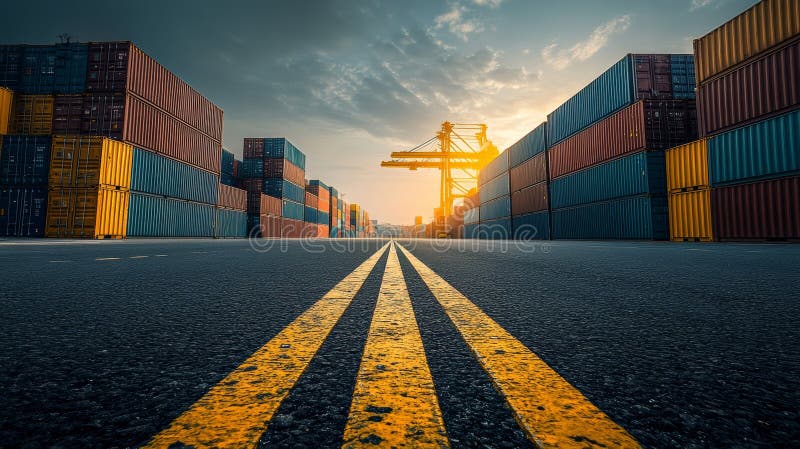Empty Asphalt Road through Logistics Container Yard with Cargo, Cranes ...