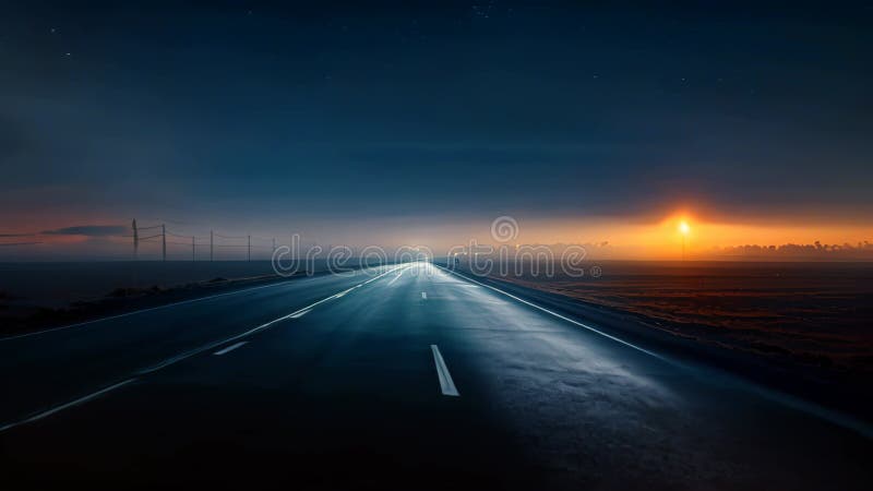 Empty Asphalt Road at Night with Stars and Moon in the Sky, Panoramic ...
