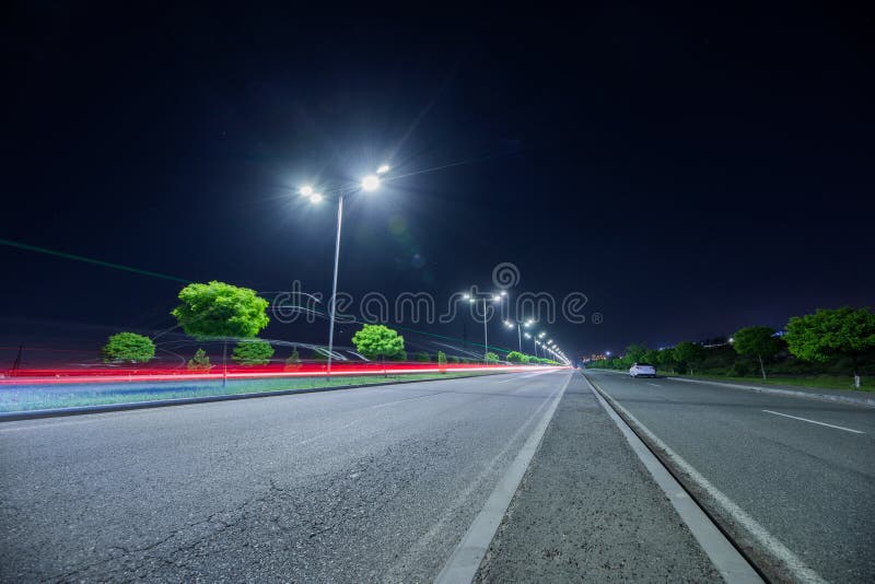 Night Road with Street Lights Stock Image - Image of dusk, electric ...