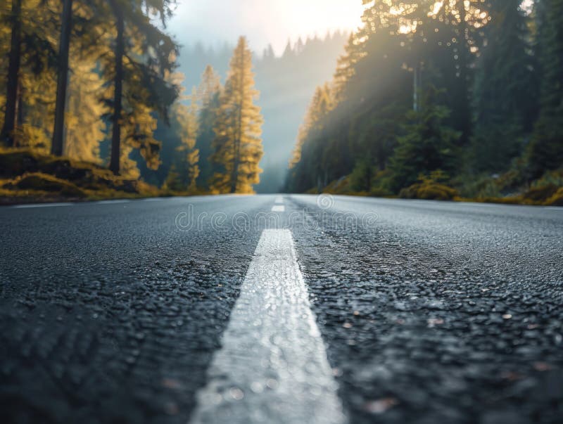 Empty Asphalt Road through a Sunlit Forest Stock Illustration ...