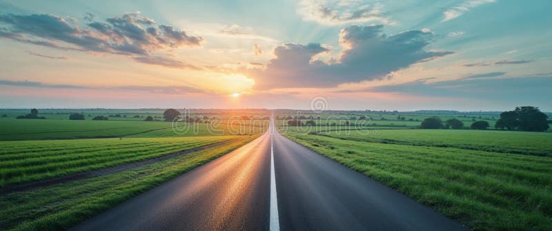 Empty Asphalt Road Sunset White Line Fields Rural Landscape Stock ...