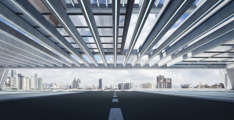 Empty Asphalt Roadside Under the Bridge with Cityscape Background Stock ...