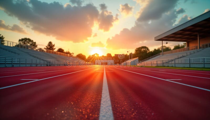 Empty Athletic Track at Sunset. Stadium Stands in Background. Red ...