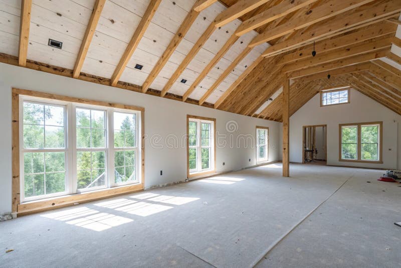 Empty Attic Room with Completed Wall and Ceiling Work Stock ...