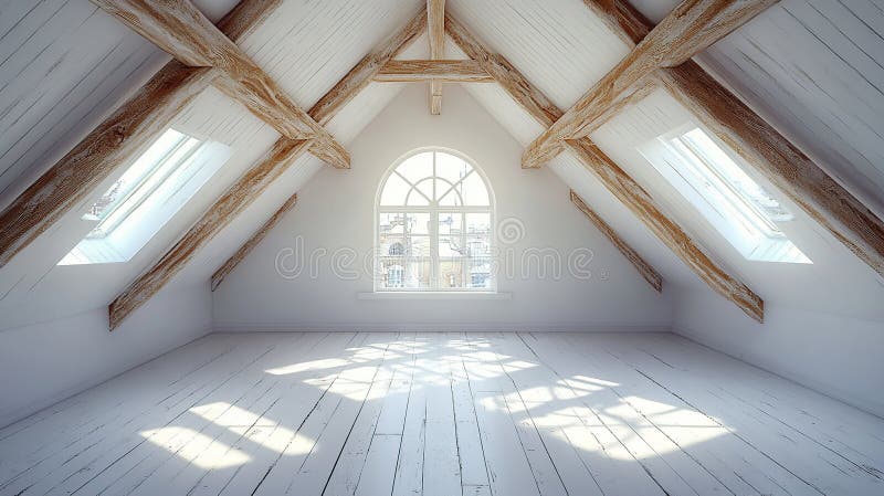 Empty Attic Room with Exposed Wooden Beams and Large Window Stock Illustration - Illustration of ...