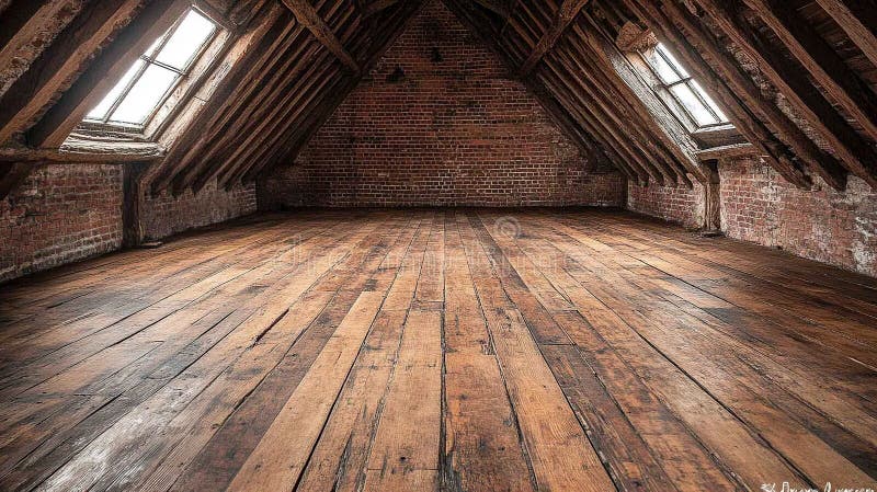 Empty Attic Room with Exposed Wooden Floor and Brick Wall. Interior ...