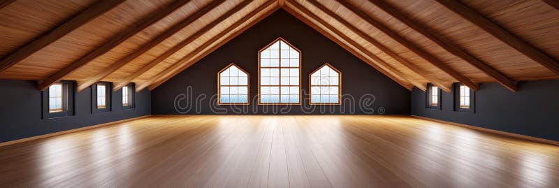 Empty Attic Room with Wooden Ceiling and Windows a Spacious Attic ...