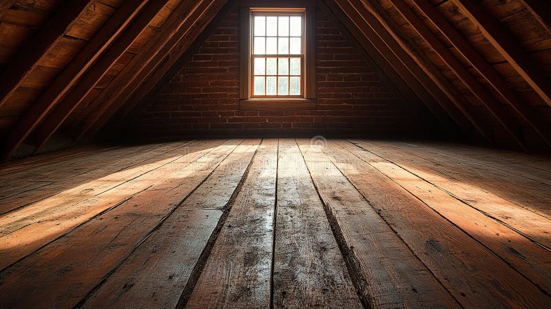 Empty Attic Room, Wooden Floor, Window Light, Rafters Background ...