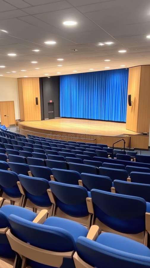 Empty Auditorium with Blue Seats and a Stage with Blue Curtains, AI ...