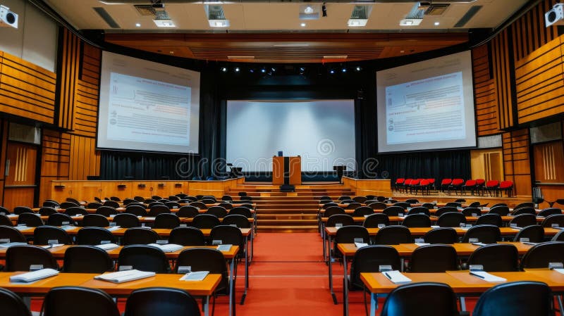 Empty Auditorium with Projector Screens and Podium Stock Image - Image ...