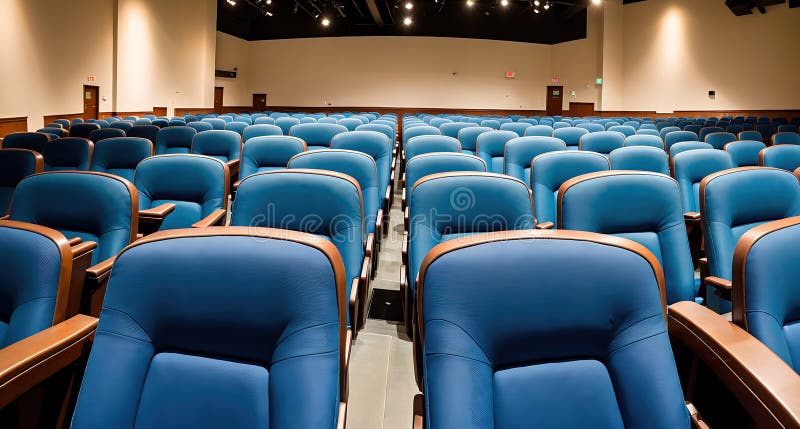An Empty Auditorium with Rows of Blue Chairs Facing a Stage. Stock ...