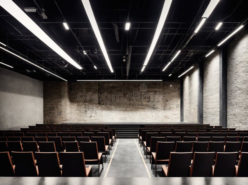 An Empty Auditorium with Rows of Empty Chairs and a Stage in the Center ...