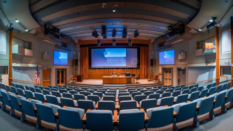 Empty Auditorium with Stage and Projection Screen Stock Photo - Image ...