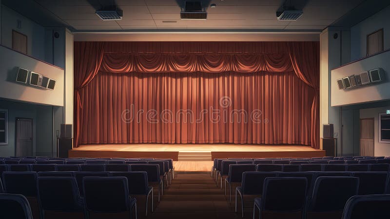 Empty Auditorium Stage with Red Curtains and Rows of Seats Stock ...