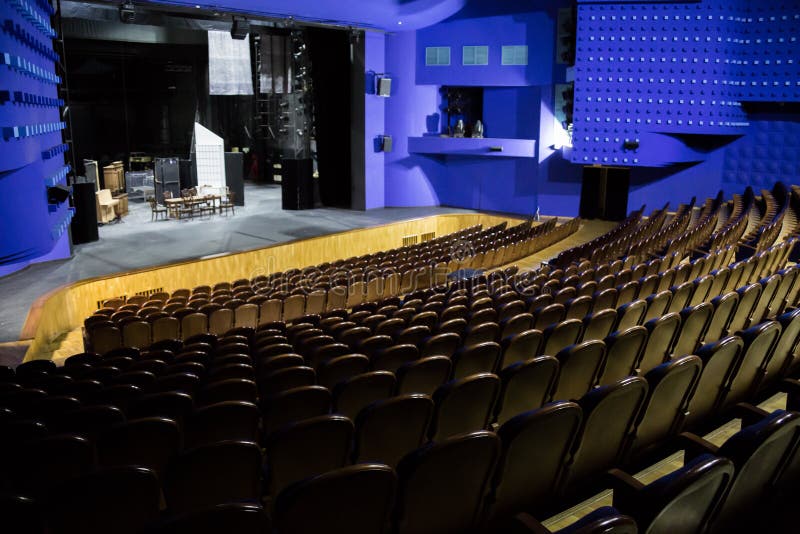 Empty Auditorium and Stage in the Theater. Rehearsal of the Play Stock ...
