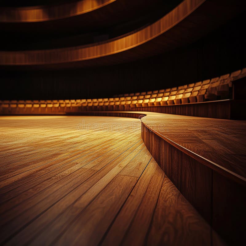 An Empty Auditorium with Wooden Seats and a Stage, Ready for a Performance. Warm Lighting ...