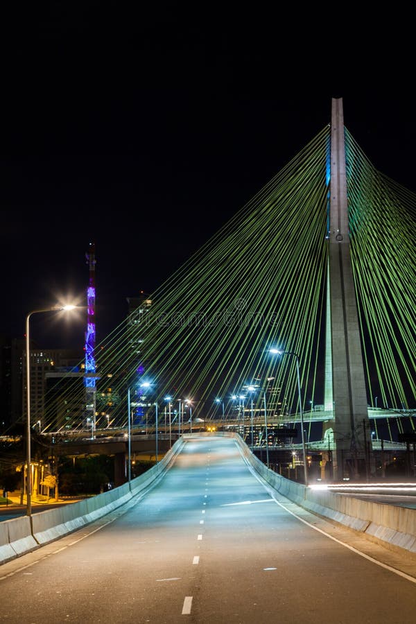Empty Avenue - Cable Stayed Bridge in Sao Paulo - Brazil - at Night ...